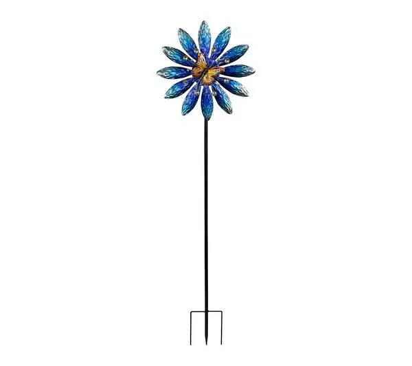 NORTHLIGHT Blue Flower With Butterfly Pinwheel Garden Stake - One-color