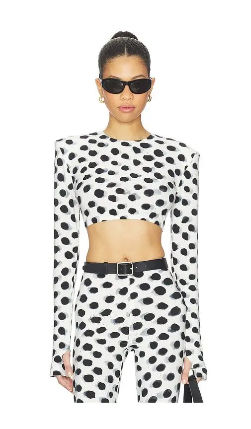 Norma Kamali Cropped Long Sleeve Shoulder Pad Top With Polka Dots