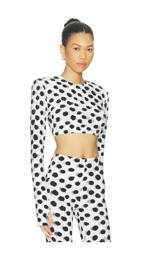 Norma Kamali Cropped Long Sleeve Shoulder Pad Top With Polka Dots