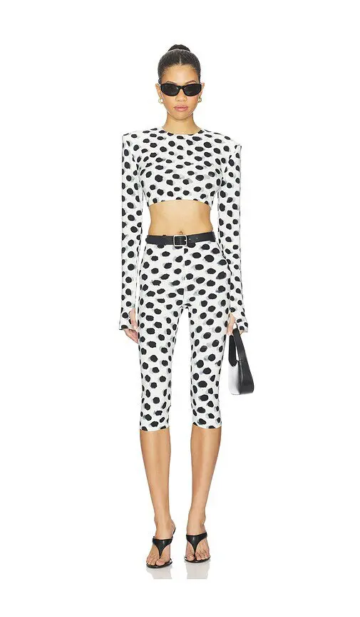 Norma Kamali Cropped Long Sleeve Shoulder Pad Top With Polka Dots