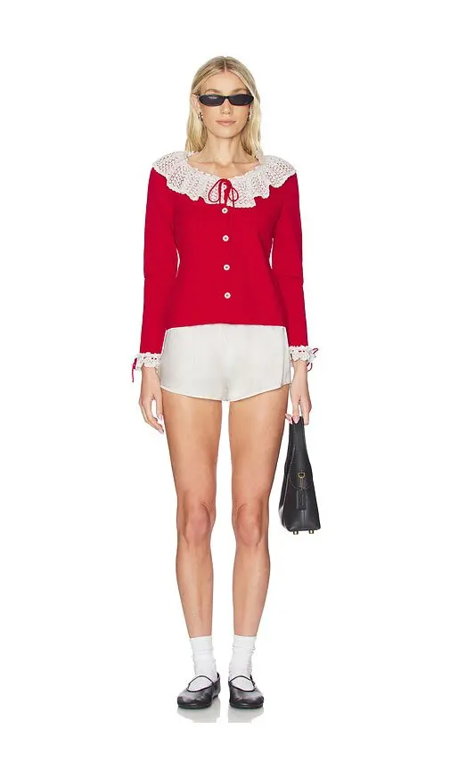 Sleeper Malena Knitted Cardigan With Lace Collar - Red