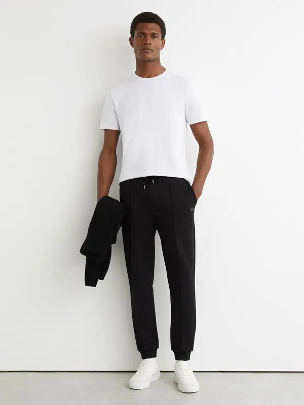 REISS Barnes Premium Interlock Cuffed Logo Joggers - Black