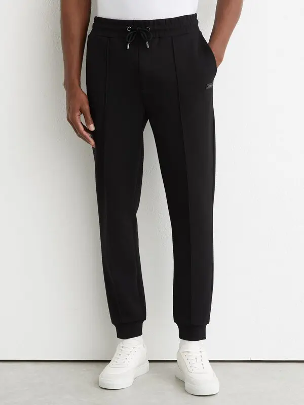 REISS Barnes Premium Interlock Cuffed Logo Joggers - Black