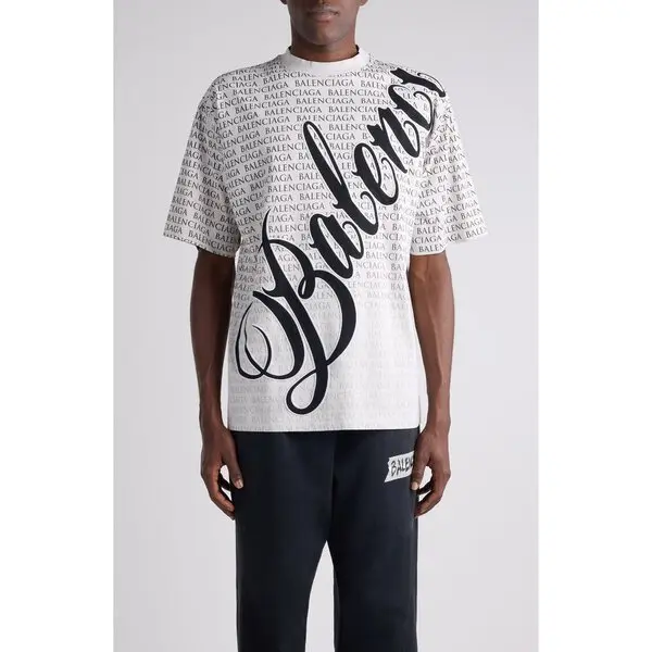 Balenciaga Fit Big B Cursive Logo Graphic T-shirt - Dirty White/black