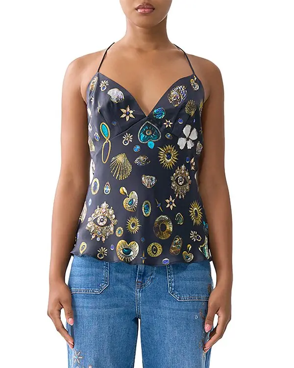 Camilla Printed Silk Top With Chain Detail