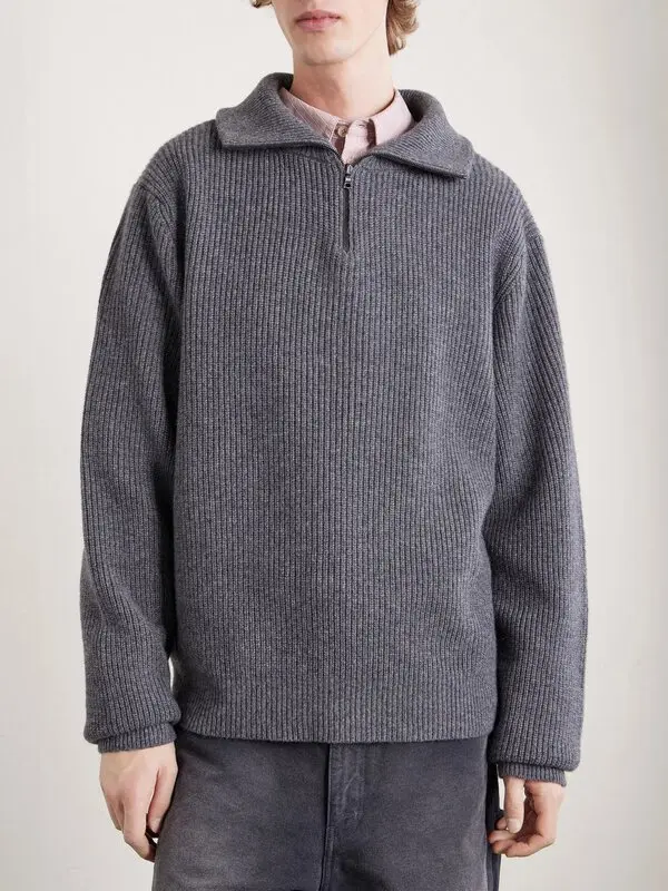 THE ELDER STATESMAN Clemente Ribbed Cashmere Half-zip Sweater - Gray