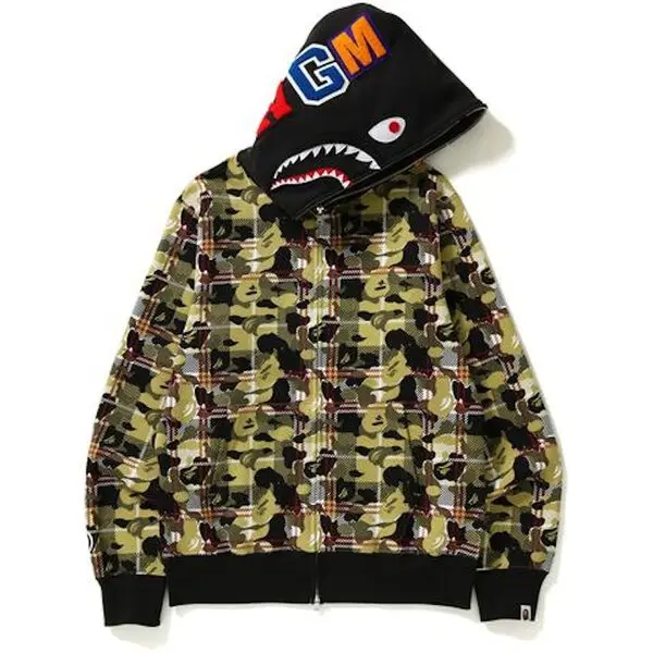 A BATHING APE Check Camo Shark Full Zip Hoodie - Beige