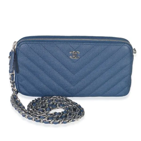 Chanel Chevron Caviar Double Zip Clutch With Chain