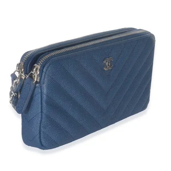Chanel Chevron Caviar Double Zip Clutch With Chain