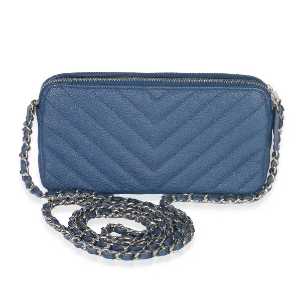 Chanel Chevron Caviar Double Zip Clutch With Chain
