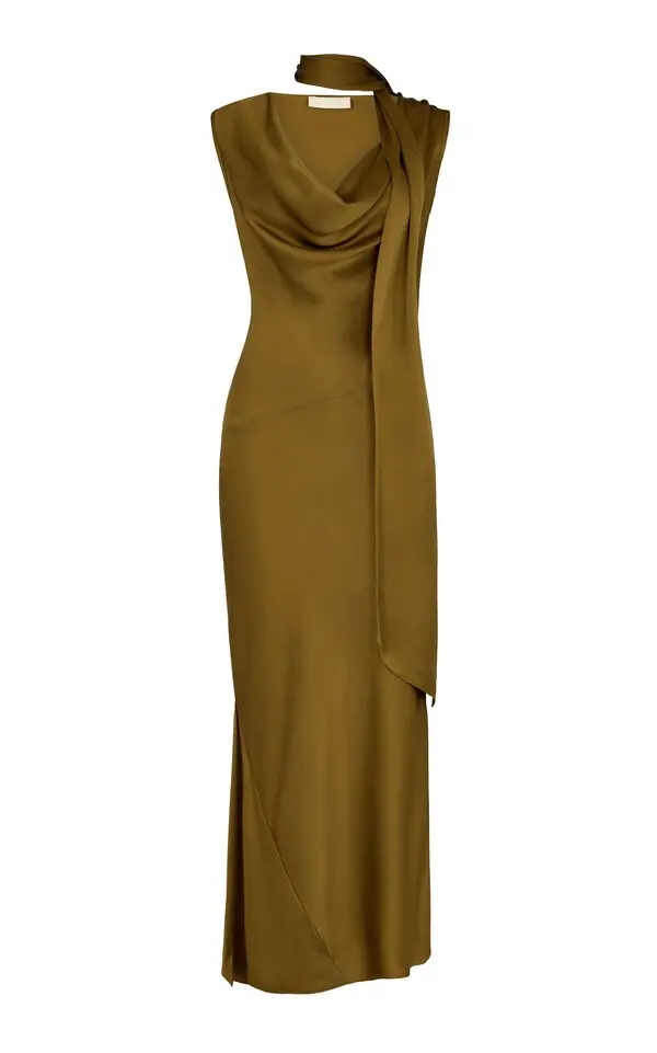 DE LA VALI Thebe Draped Satin Midi Dress - Olive