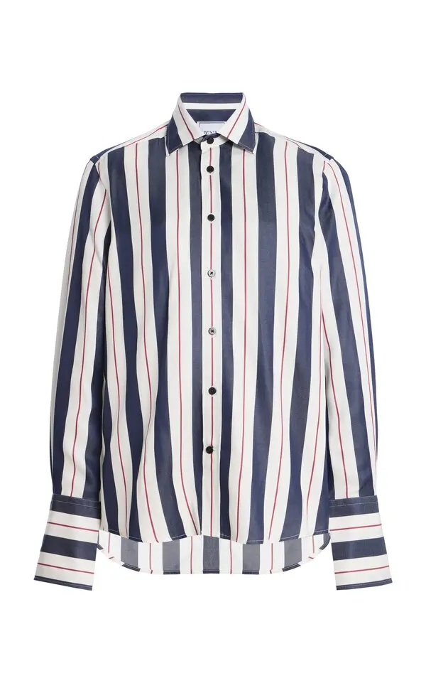 WITH NOTHING UNDERNEATH The Boyfriend Exaggerated-cuff Striped Shirt - Navy