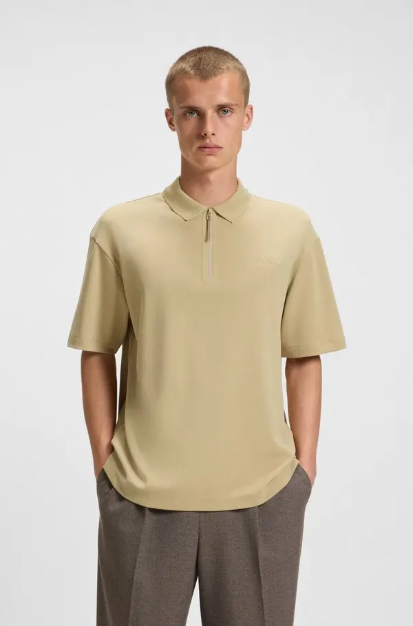 Hugo Zip-placket Polo Shirt In A Cotton Blend - Beige