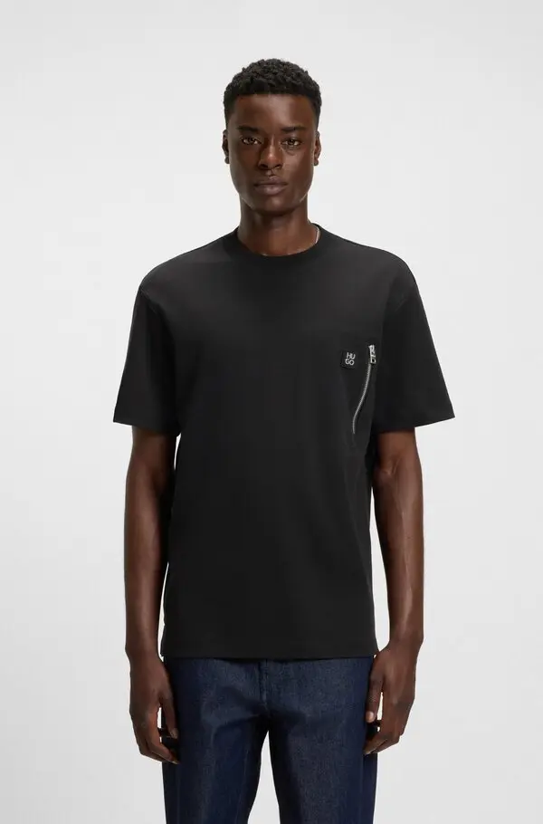 Hugo Zip-pocket T-shirt In Interlock Cotton - Black