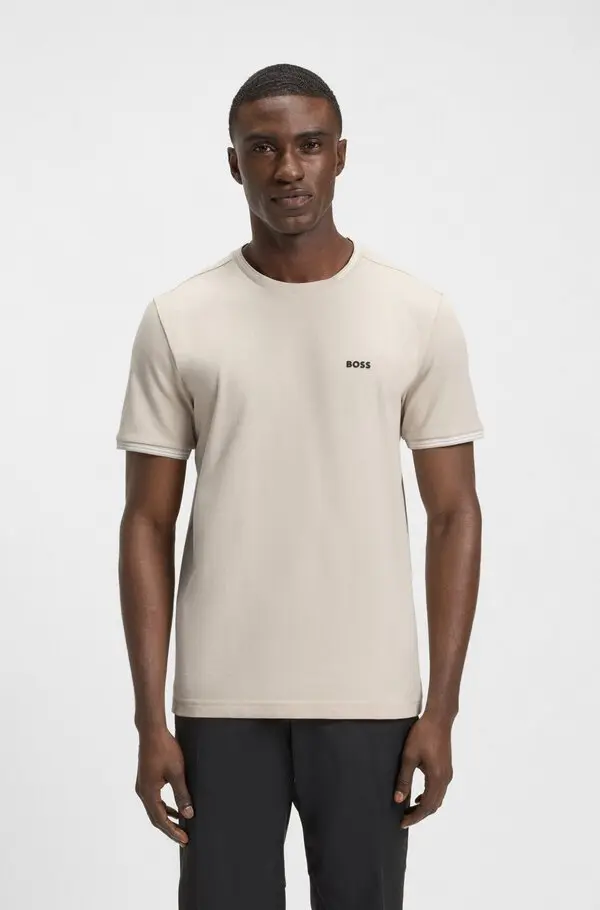 BOSS Stretch-cotton T-shirt With Stripes And Logo - Light Beige