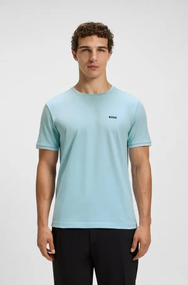 BOSS Stretch-cotton T-shirt With Stripes And Logo - Light Blue
