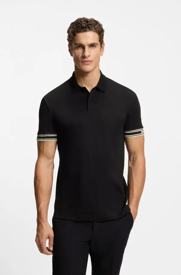 BOSS Stripe-cuff Polo Shirt In Interlock Cotton - Black
