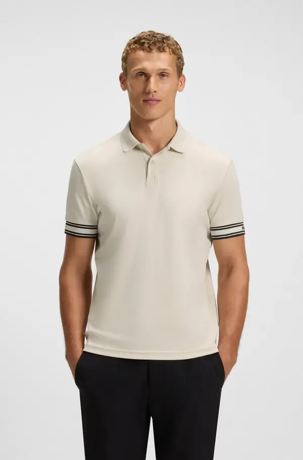 BOSS Stripe-cuff Polo Shirt In Interlock Cotton - Light Beige