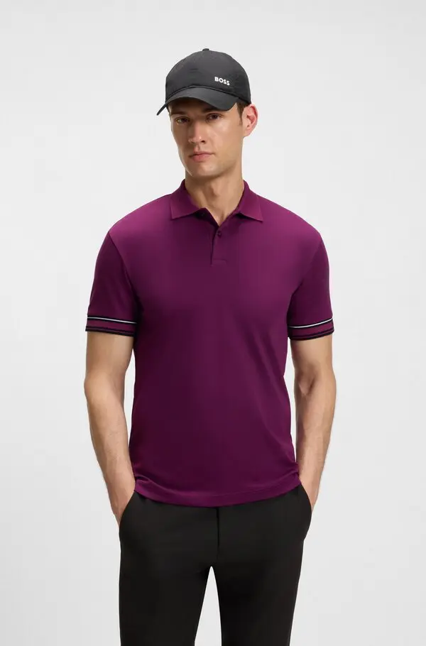 BOSS Stripe-cuff Polo Shirt In Interlock Cotton - Pink