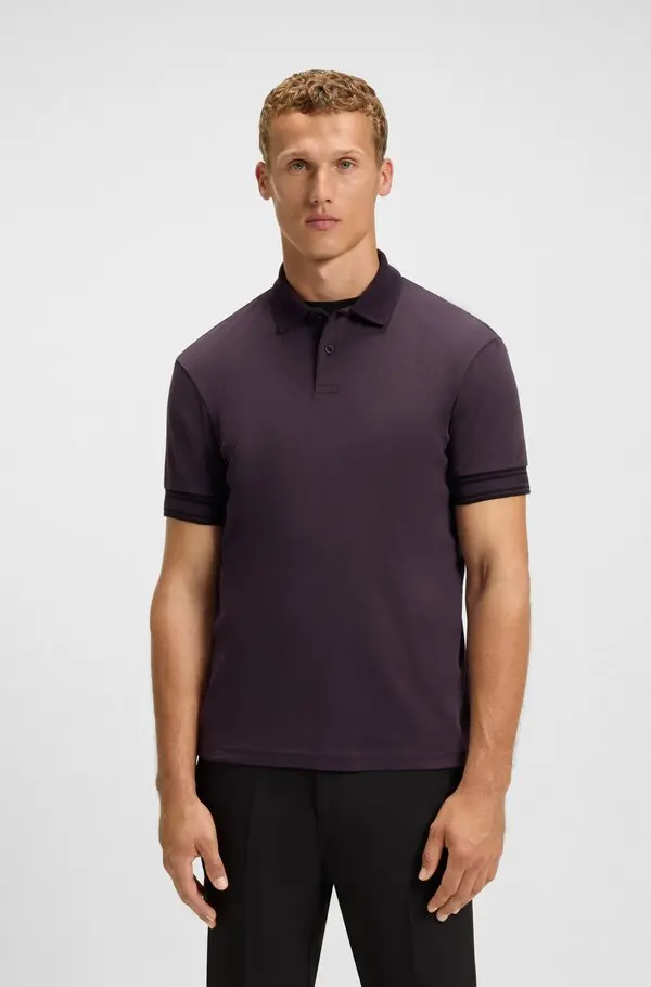 BOSS Stripe-cuff Polo Shirt In Interlock Cotton - Purple
