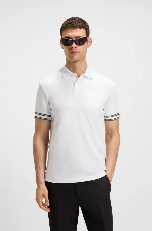 BOSS Stripe-cuff Polo Shirt In Interlock Cotton - White