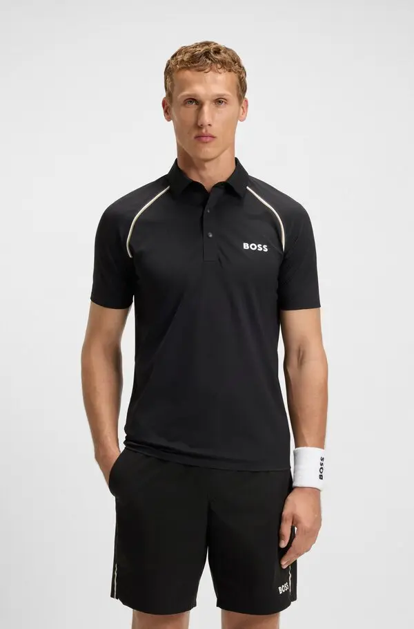 BOSS Active Signature-stripe Polo Shirt With Odour Control - Black