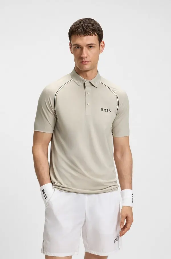 BOSS Active Signature-stripe Polo Shirt With Odour Control - Light Beige