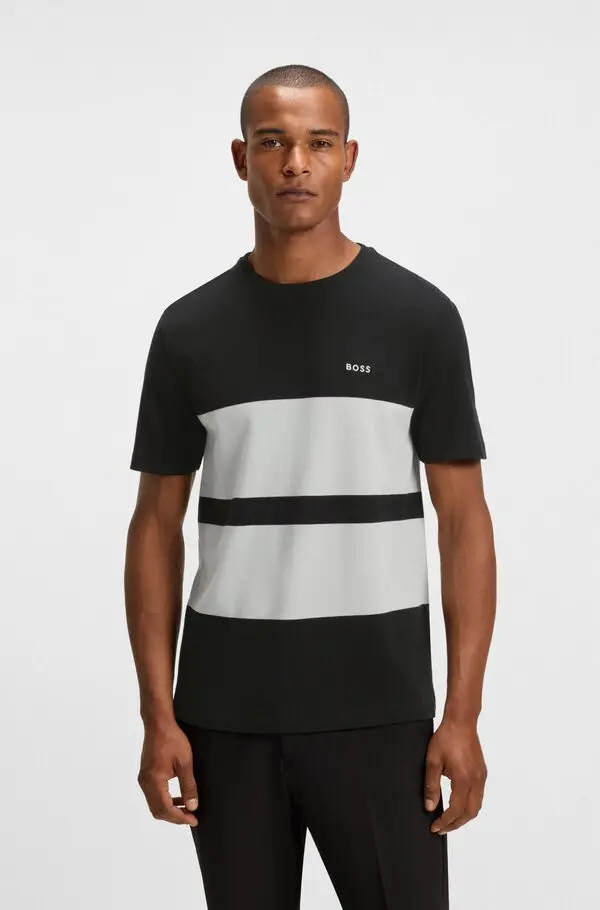 BOSS Block-stripe T-shirt In Cotton Piqu - Black