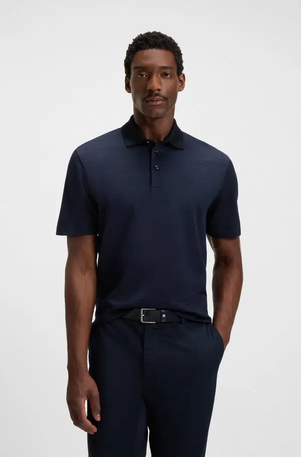 BOSS Grid-pattern Polo Shirt In Mercerised Cotton - Dark Blue
