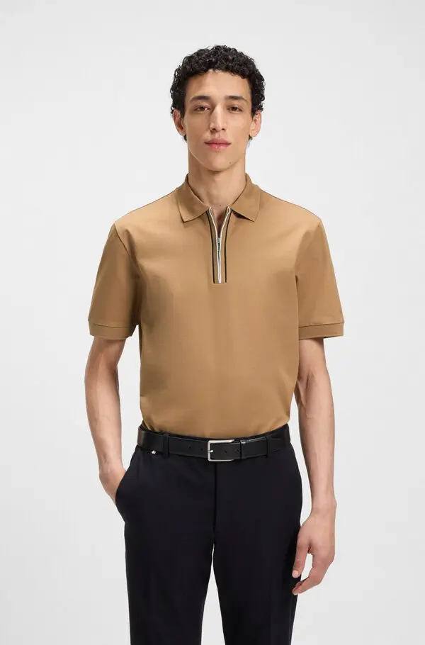BOSS Zip-placket Polo Shirt In Mercerised Cotton - Beige