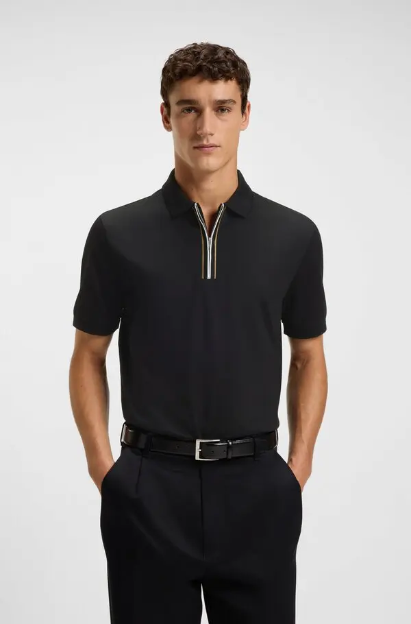 BOSS Zip-placket Polo Shirt In Mercerised Cotton - Black