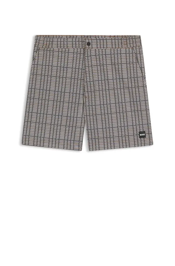 BOSS Logo-badge Swim Shorts With Micro Print - Grey
