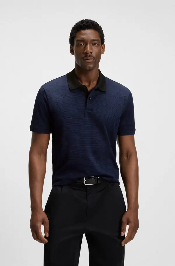 BOSS Geometric-jacquard Polo Shirt In Mercerised Cotton - Dark Blue