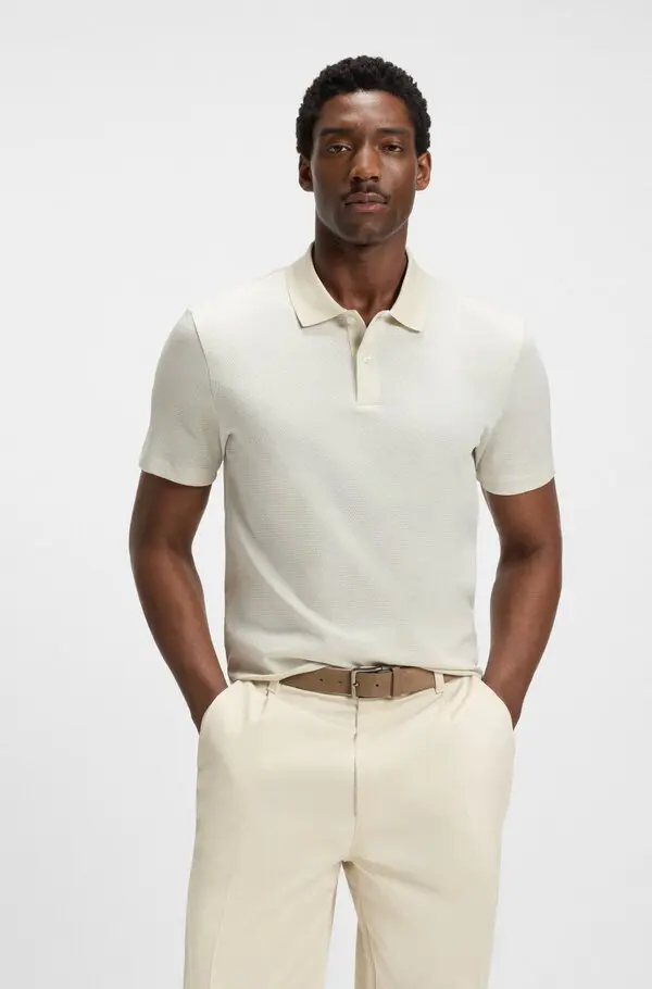 BOSS Geometric-jacquard Polo Shirt In Mercerised Cotton - White