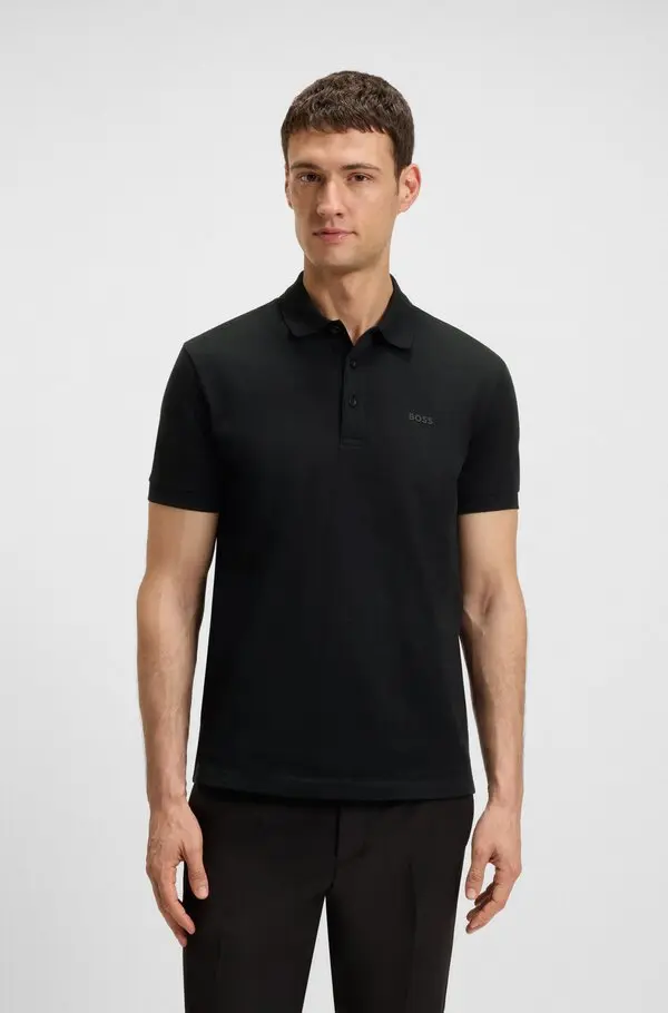 BOSS Check-jacquard Polo Shirt In Cotton - Black