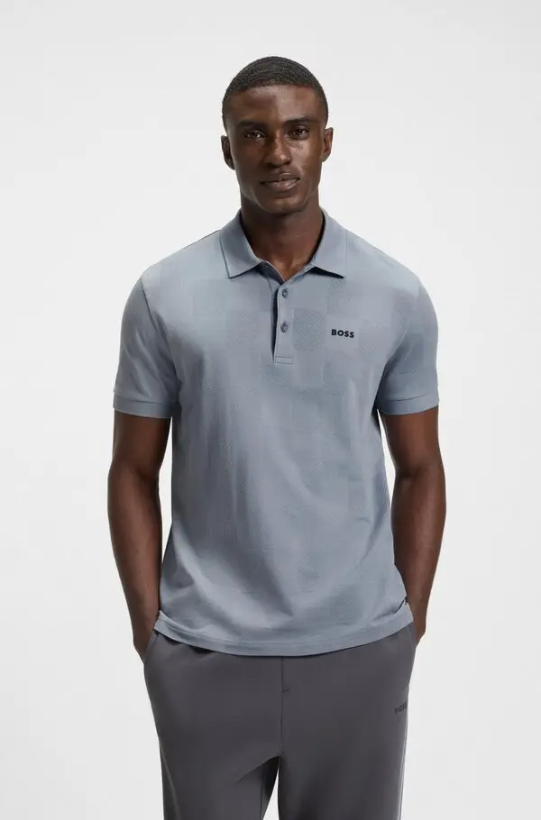 BOSS Check-jacquard Polo Shirt In Cotton - Dark Grey