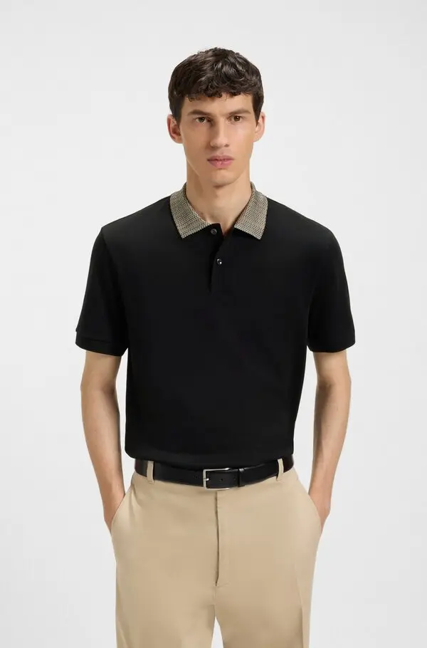 BOSS Patterned-collar Polo Shirt In Pima Cotton - Black