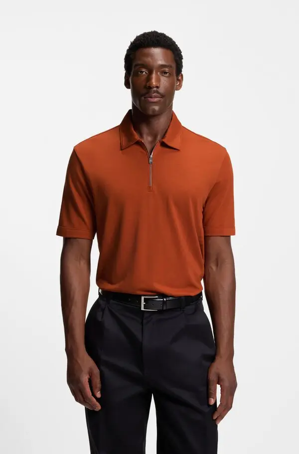 BOSS Piqué Polo Shirt With Zip Neck - Dark Orange
