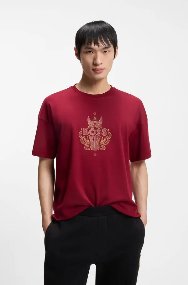 BOSS Logo-artwork T-shirt In Cotton Jersey - Red