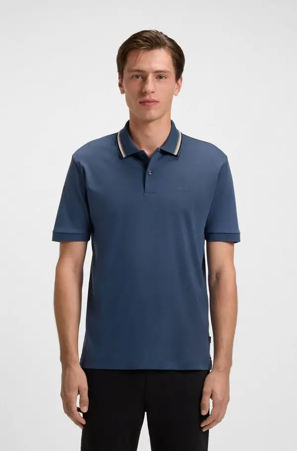 BOSS Striped-collar Slim-fit Polo Shirt In Cotton With Logo - Blue