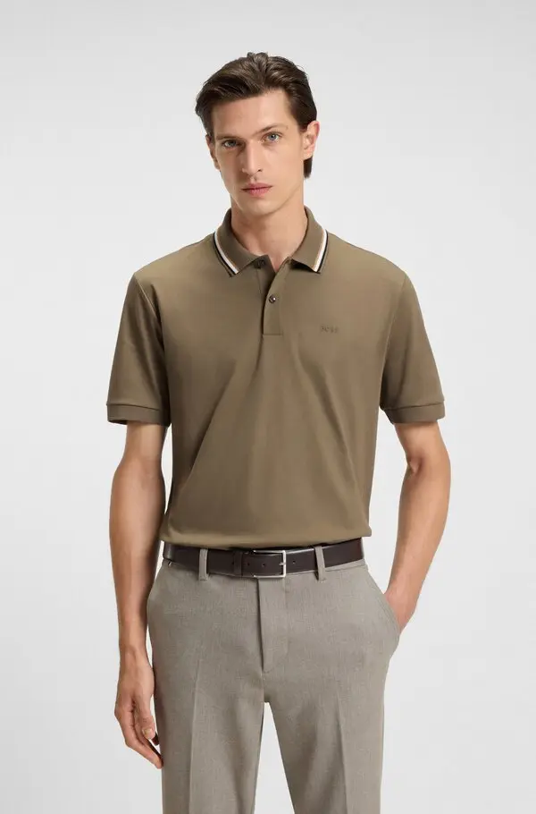 BOSS Striped-collar Slim-fit Polo Shirt In Cotton With Logo - Light Brown