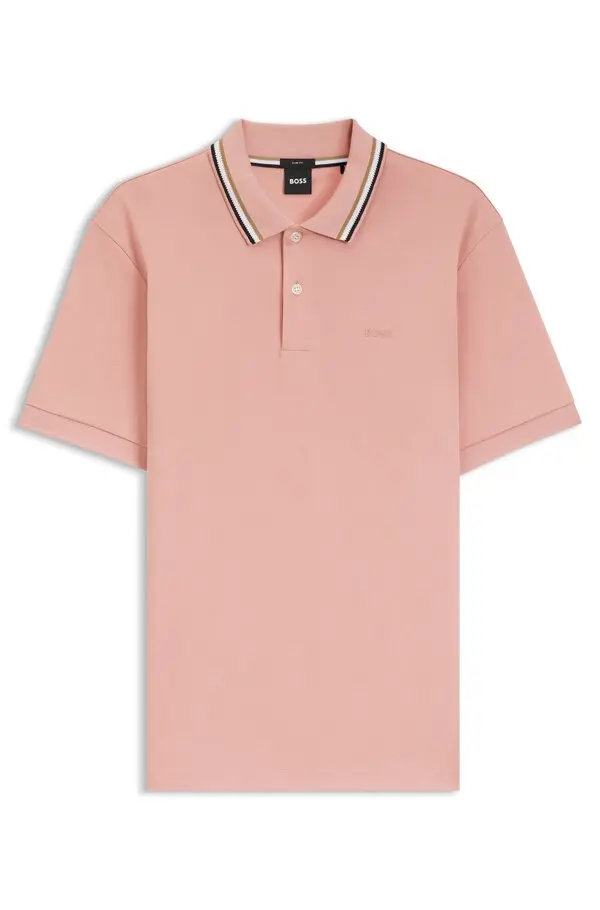 BOSS Striped-collar Slim-fit Polo Shirt In Cotton With Logo - Light Pink