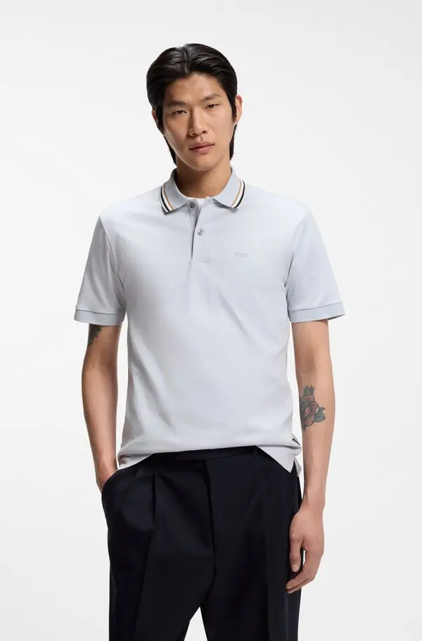 BOSS Striped-collar Slim-fit Polo Shirt In Cotton With Logo - Light Purple