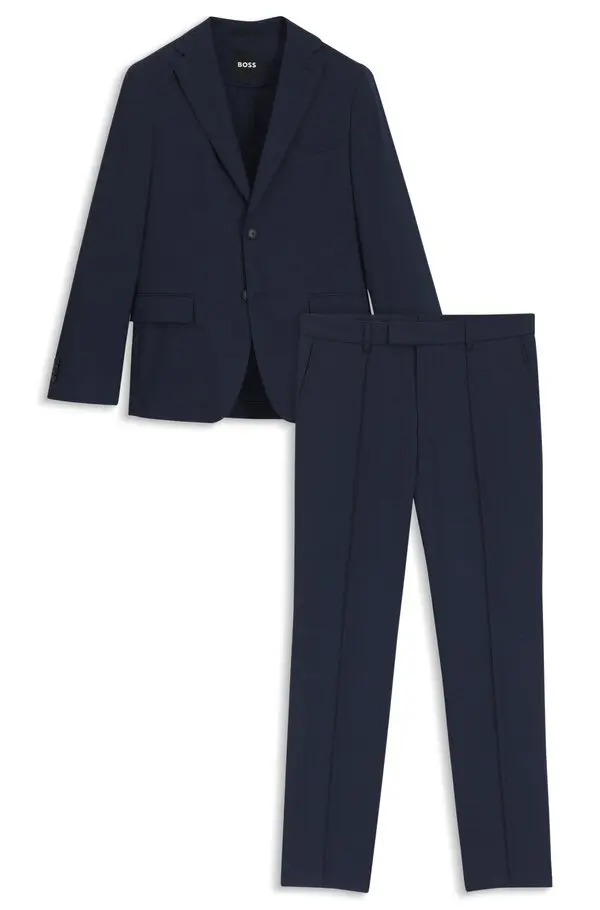 BOSS Patterned Slim-fit Suit In Stretch Wool - Dark Blue