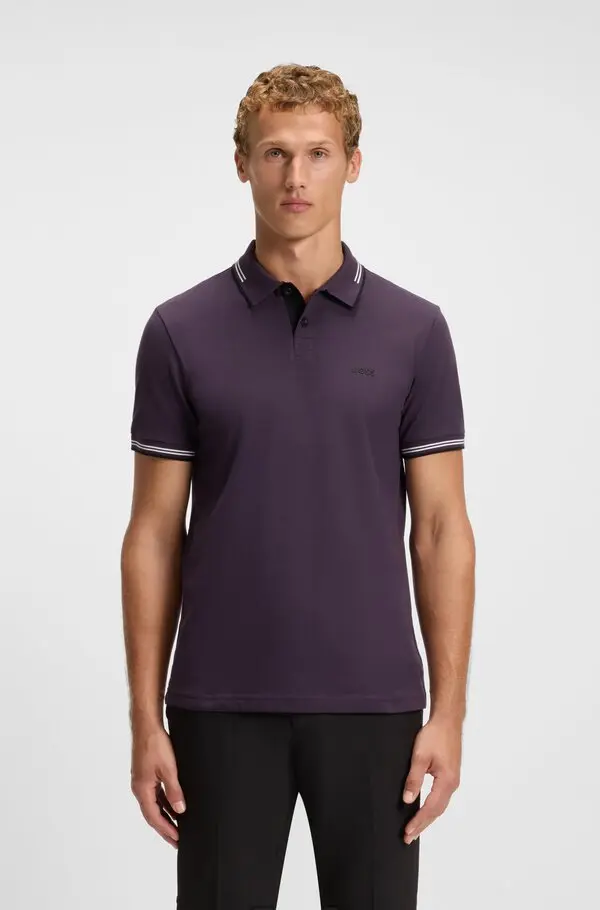 BOSS Stretch-cotton Slim-fit Polo Shirt With Branding And Stripes - Purple