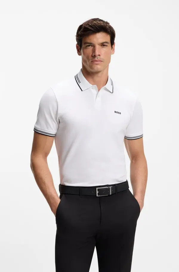 BOSS Stretch-cotton Slim-fit Polo Shirt With Branding And Stripes - White