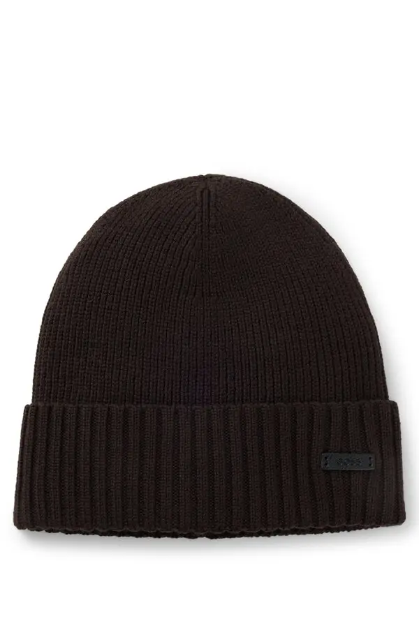 BOSS Logo-plaque Beanie Hat In Virgin Wool - Dark Brown