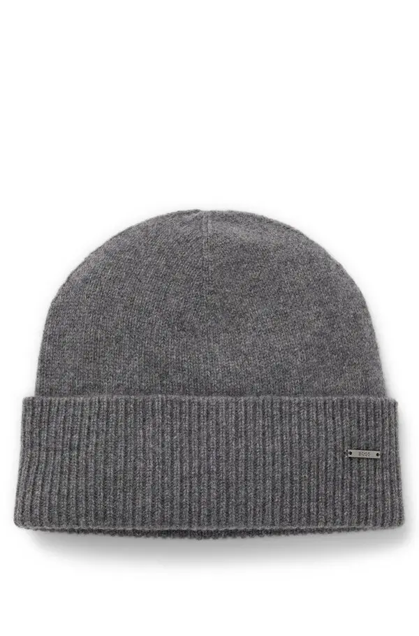 BOSS Logo-plaque Beanie Hat In Cashmere - Grey