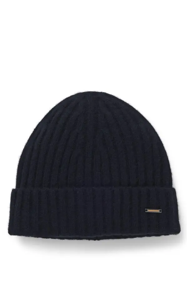 BOSS Cashmere Beanie Hat With Ribbing - Dark Blue