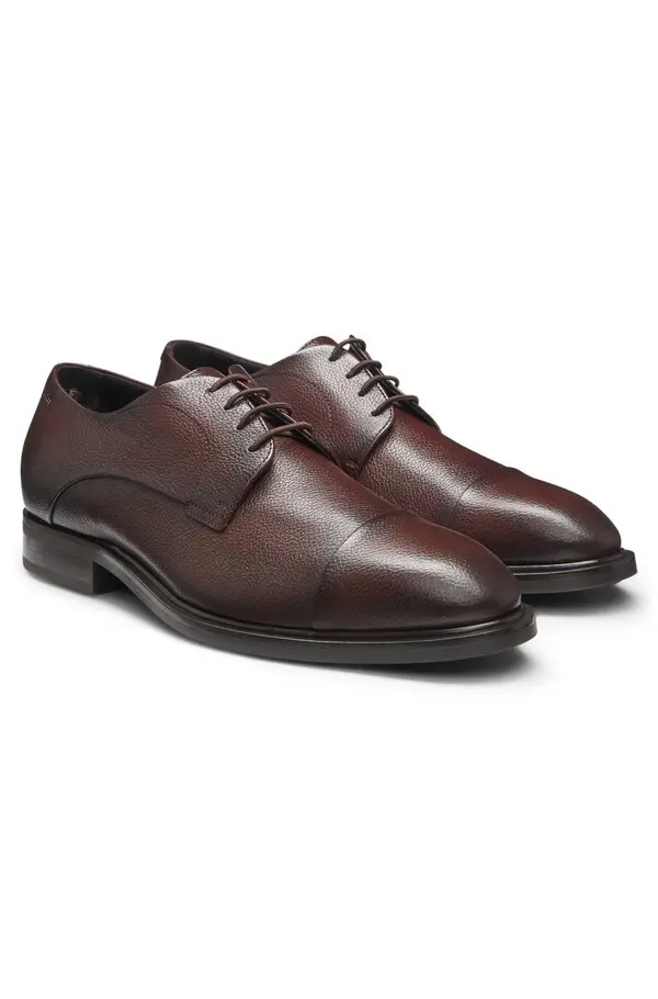 BOSS Grained-leather Derby Shoes With Cap Toe - Dark Brown